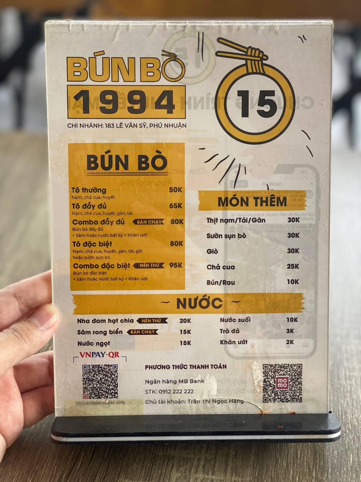 Menu at BÚN BÒ 1994 - Chi Nhánh Lê Văn Sỹ restaurant, Ho Chi Minh City