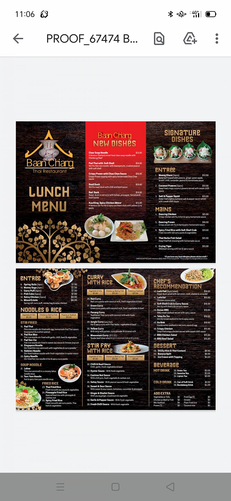 Menu at Baan Chiang restaurant, Rydalmere