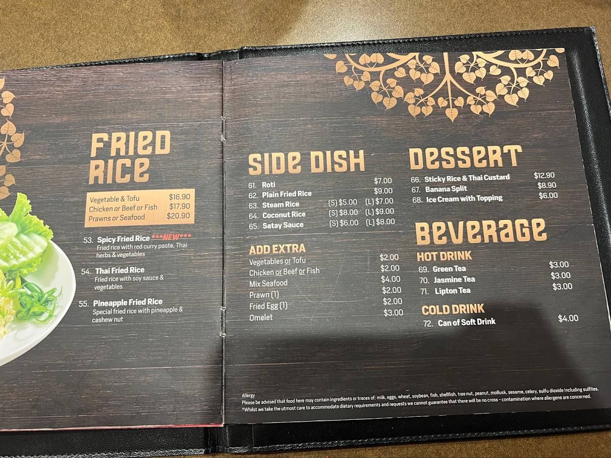 Menu at Baan Chiang restaurant, Rydalmere