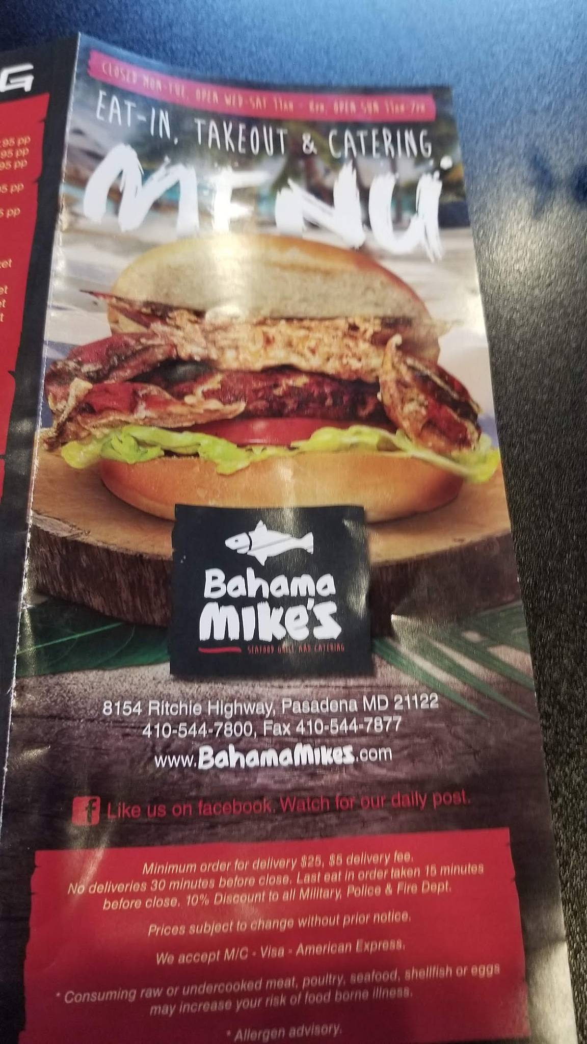 Menu at Bahama Mike's restaurant, Pasadena