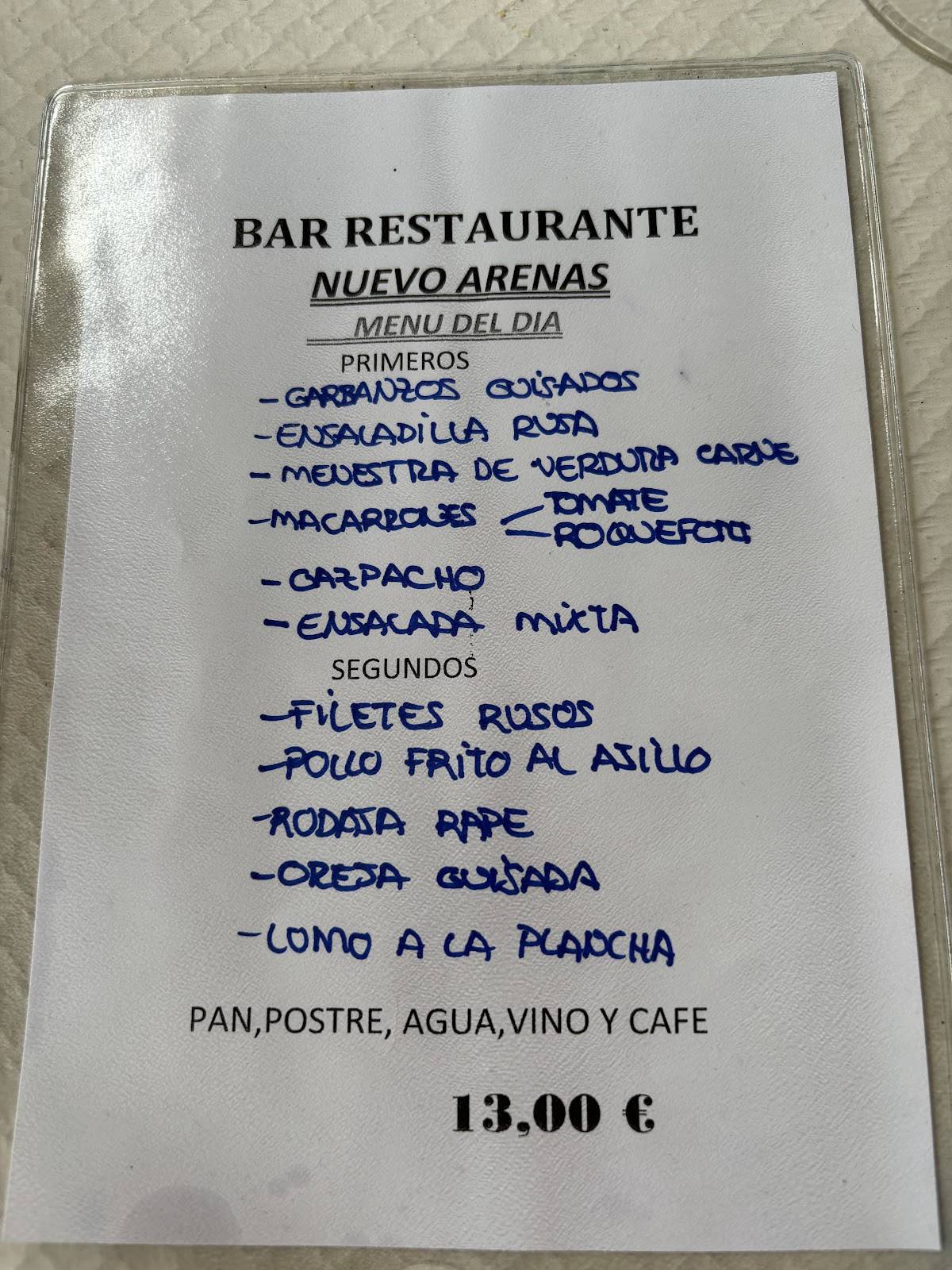 Carta de Bar Nuevo Arenas, Palencia