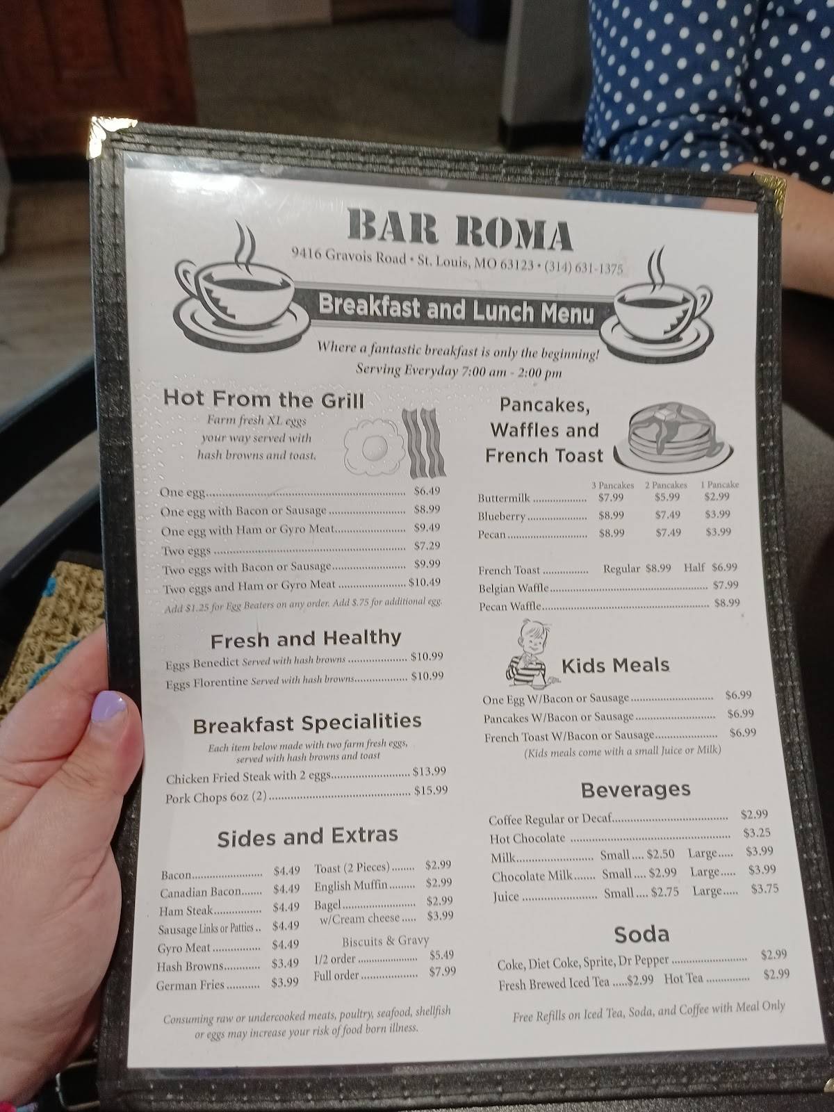 Menu at Bar Roma, Affton