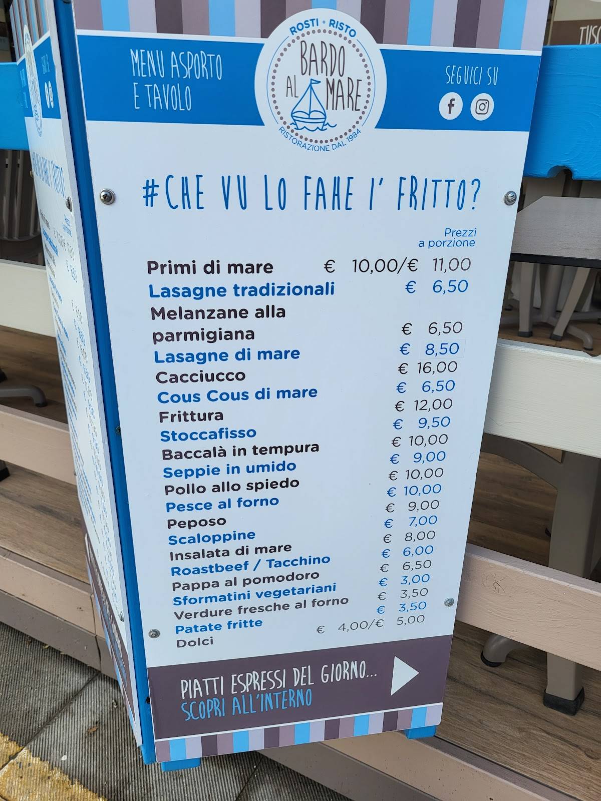 Menu da Bardo al mare Risto-Rosti, Cecina