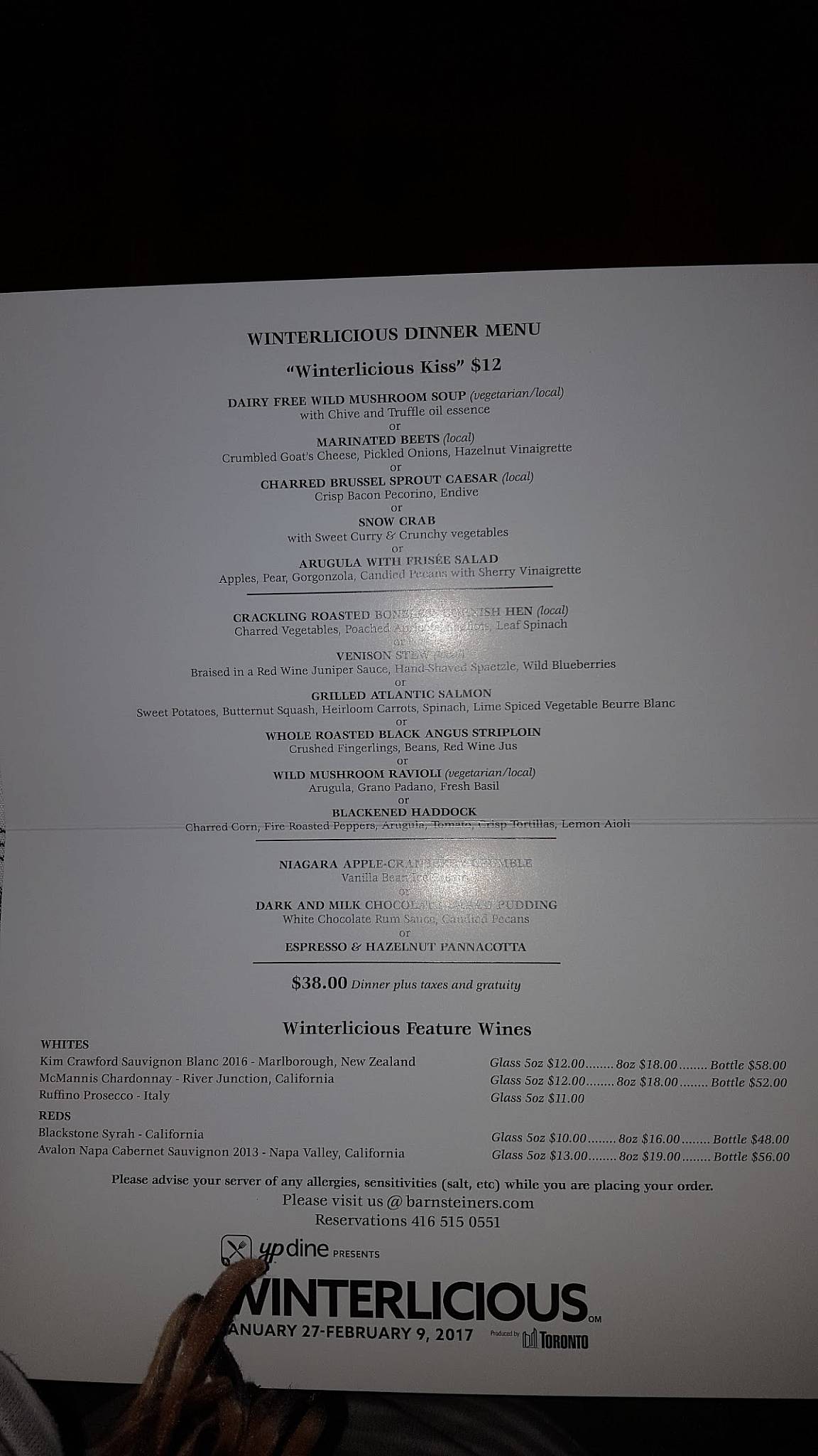 Menu at Barnsteiner's, Toronto