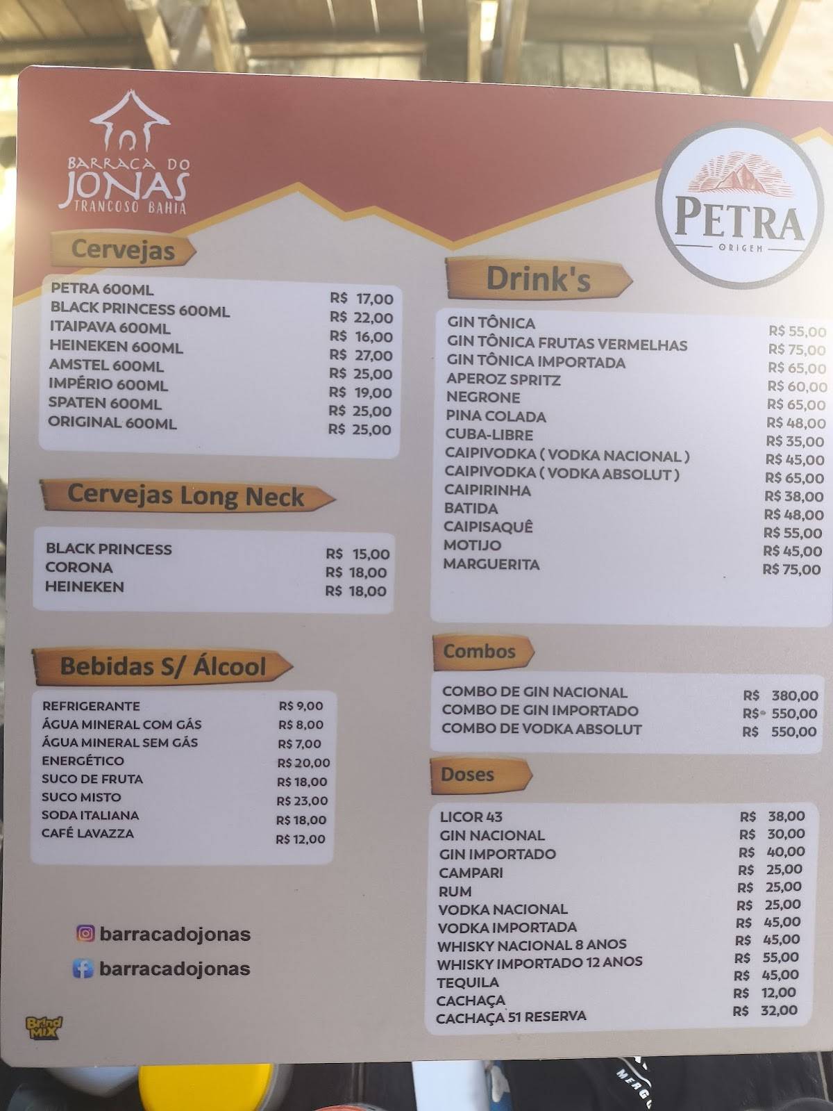 Menu em Barraca do Jonas, Trancoso