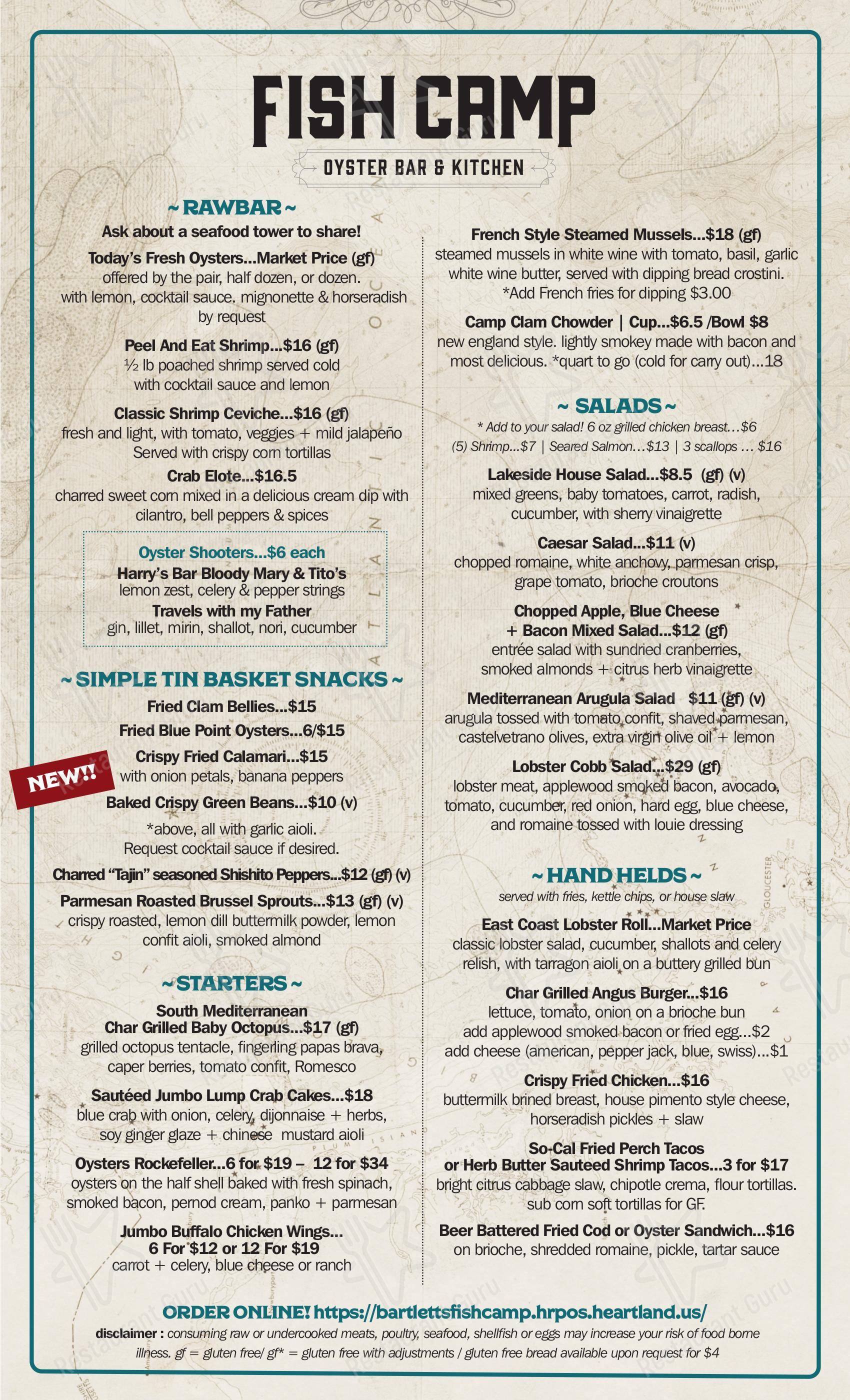 Menu at Bartlett's Fish Camp, Michigan City