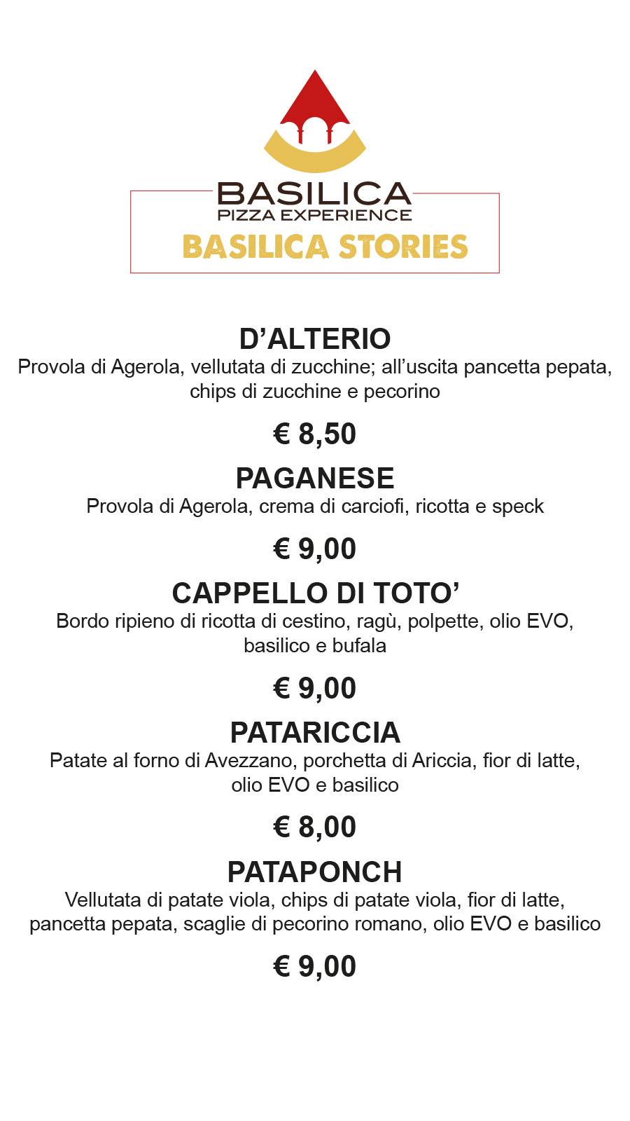 Menu da Basilica Pizzeria, Pagani