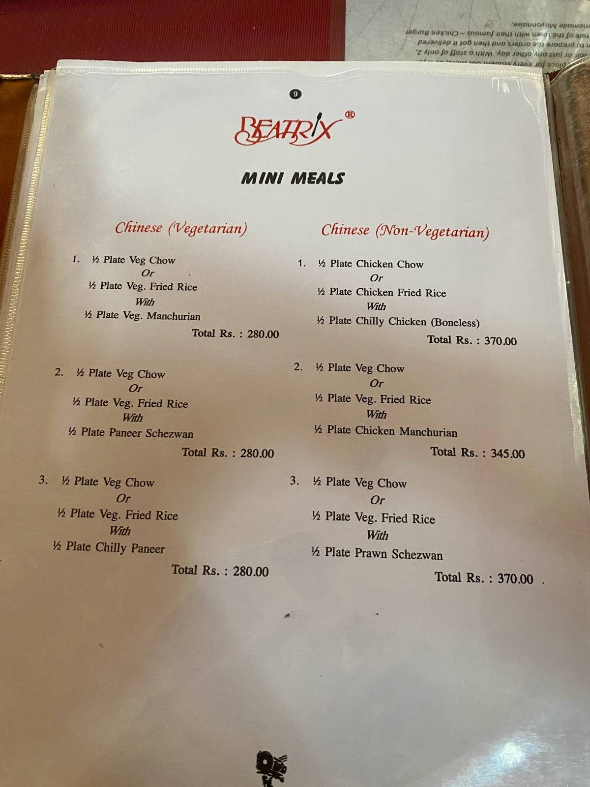 Menu at Beatrix, Guwahati