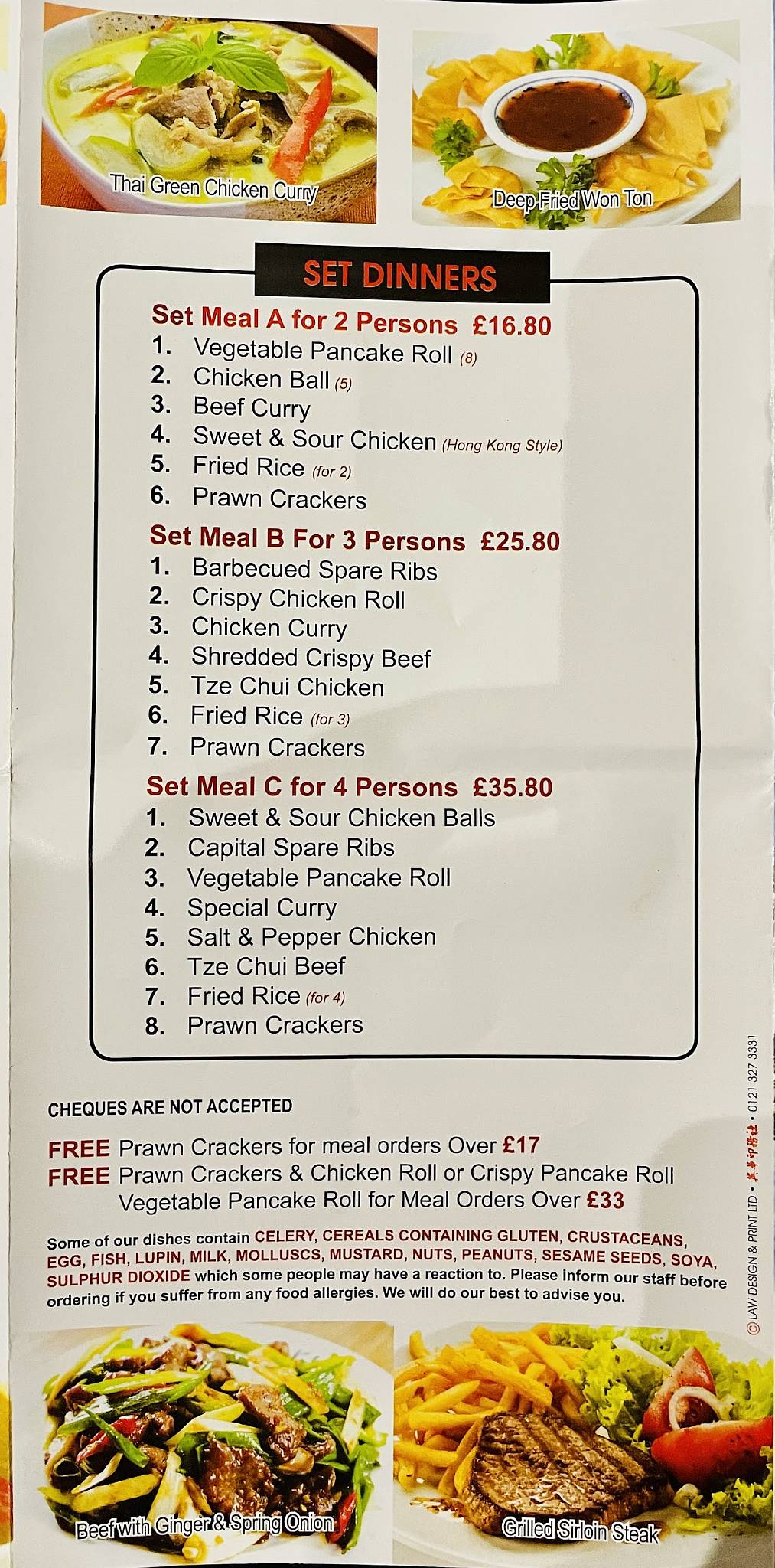 Menu at Beijing Villa restaurant, Falkirk