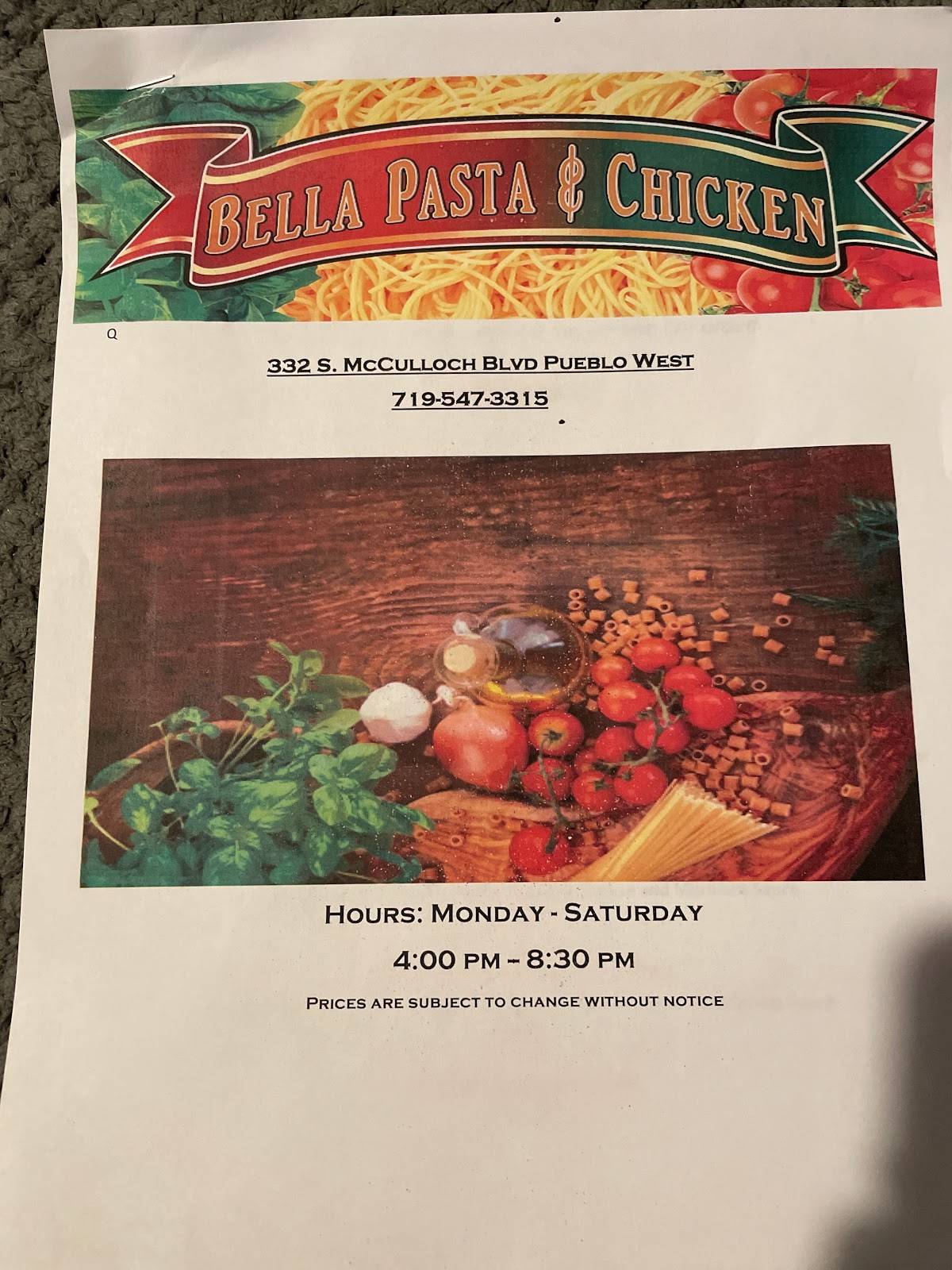 Menu at Bella Pasta & Seafood restaurant, Pueblo West