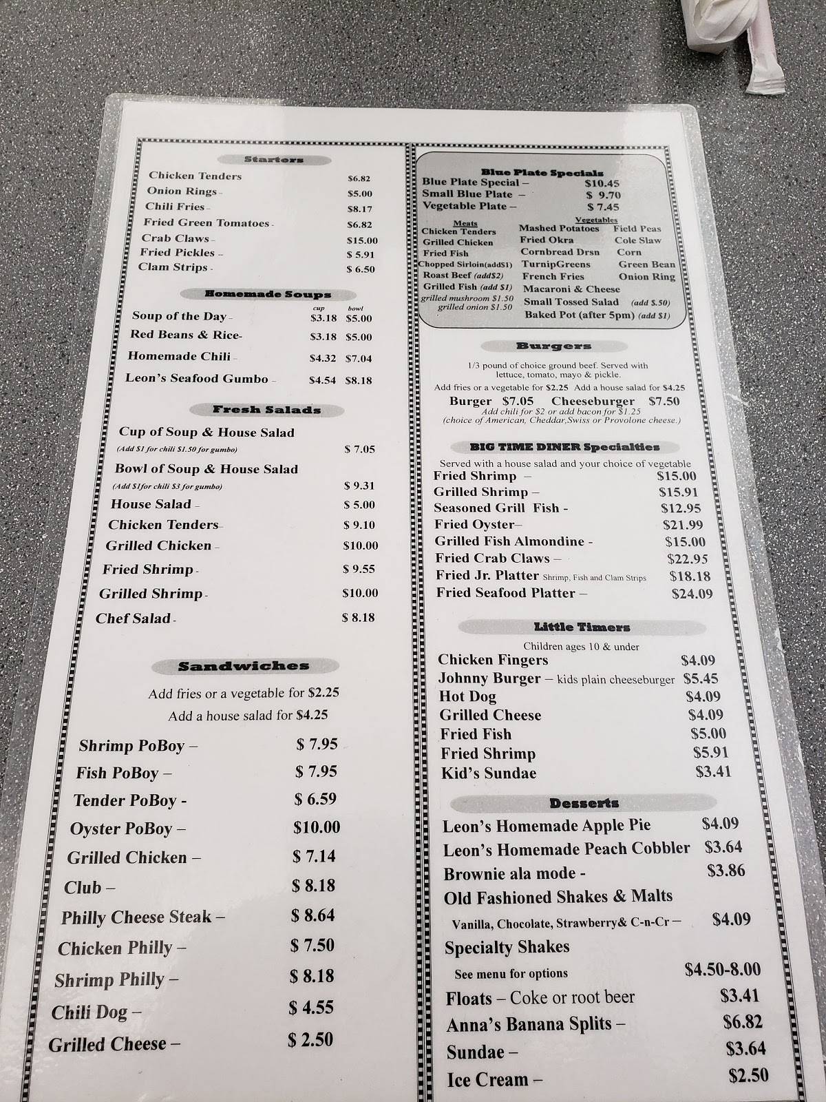 Menu at Big Time Diner restaurant, Mobile