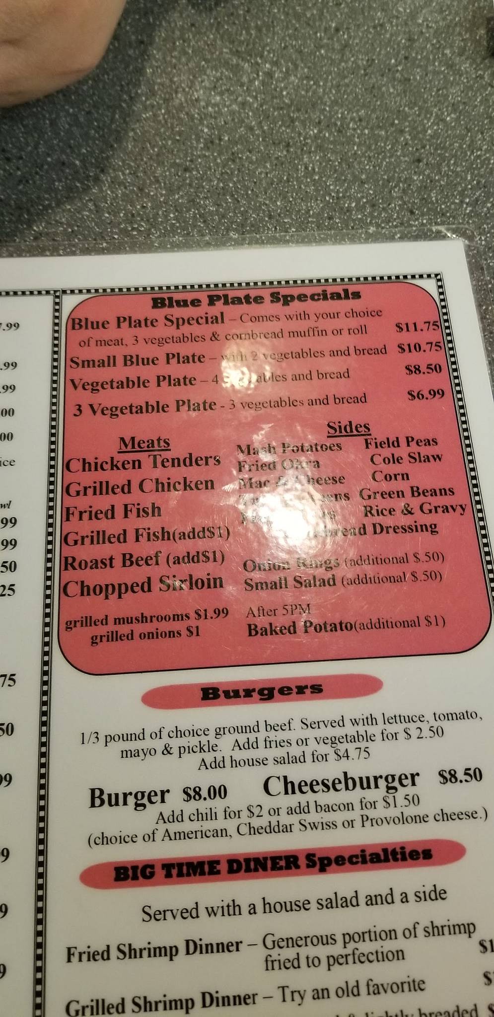 Menu at Big Time Diner restaurant, Mobile