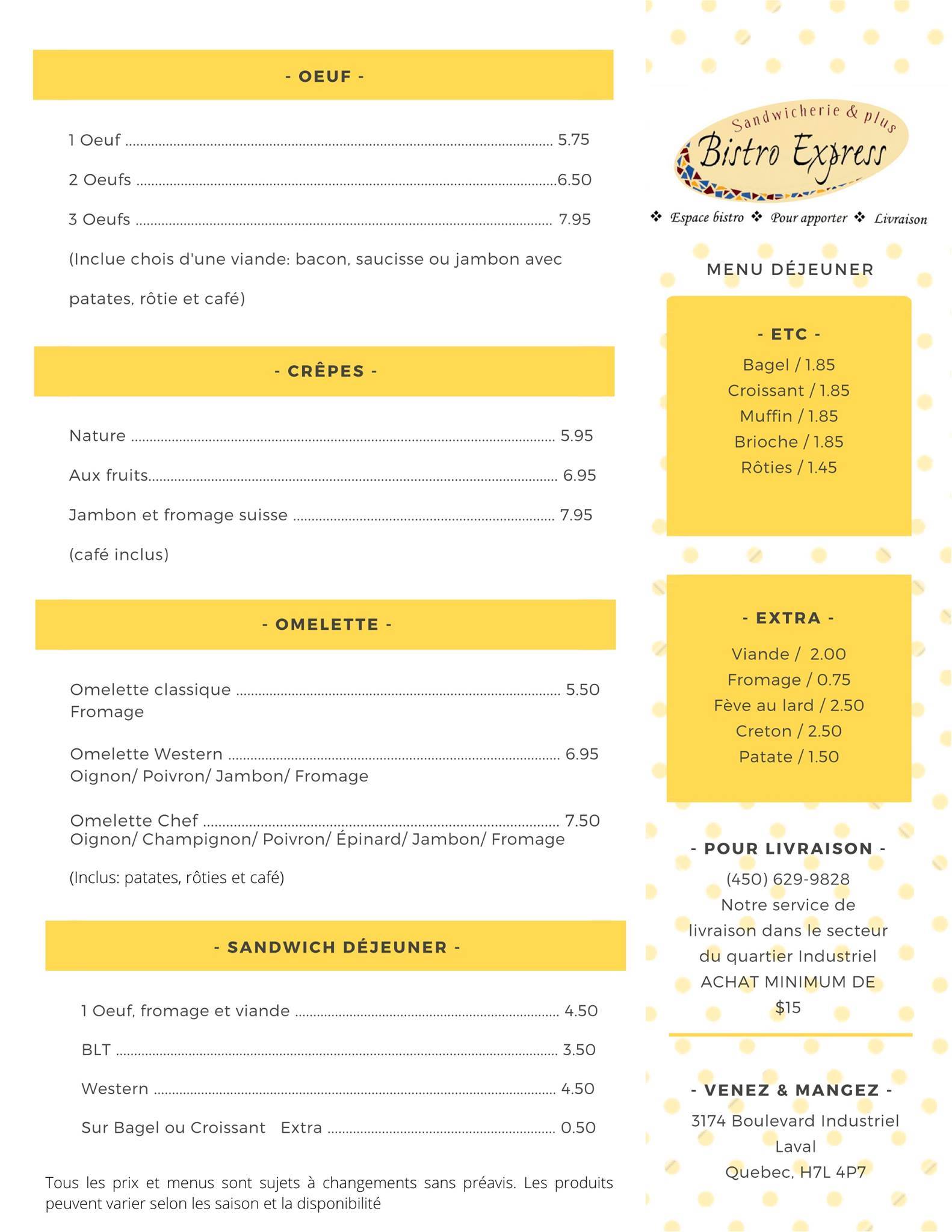 Menu au Restaurant Bistro Express, Laval
