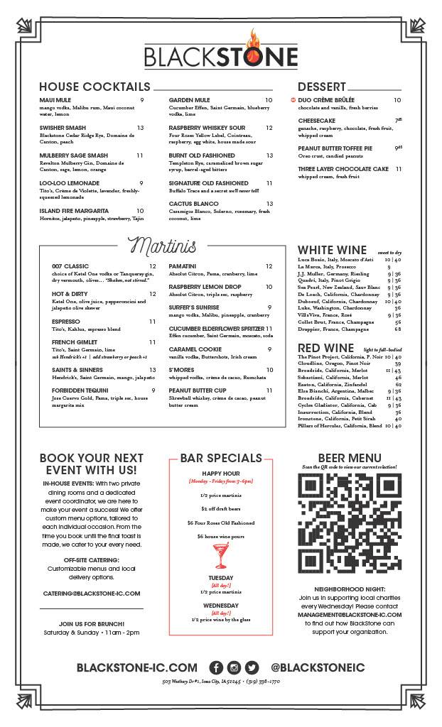 Menu at BlackStone restaurant, Iowa City, 503 Westbury Dr #1