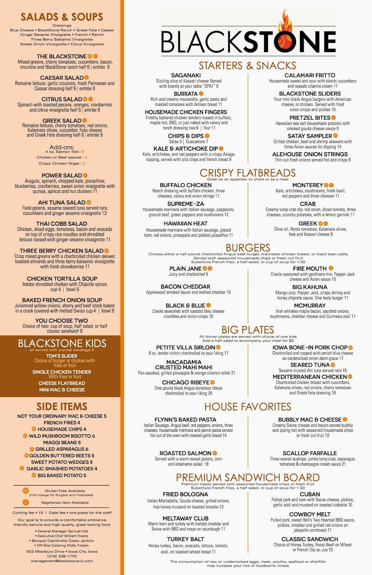 Menu at BlackStone restaurant, Iowa City, 503 Westbury Dr #1