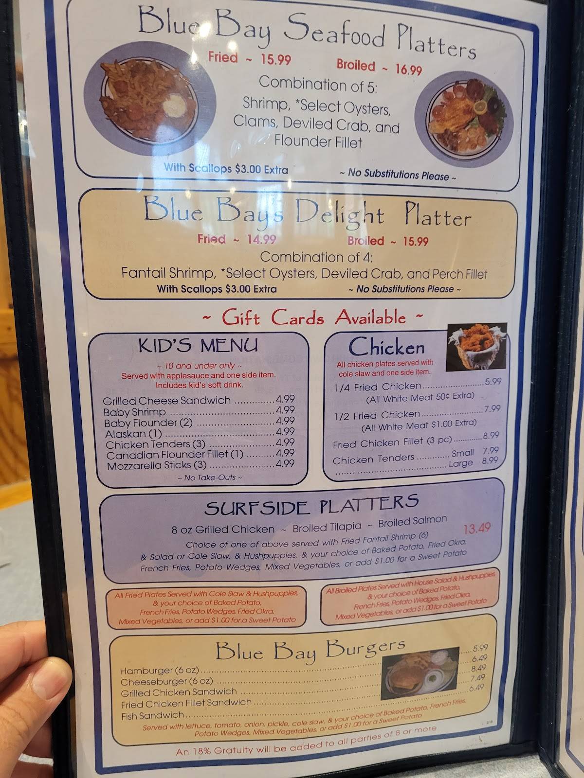 Menu at Blue Bay Seafood restaurant, Spartanburg