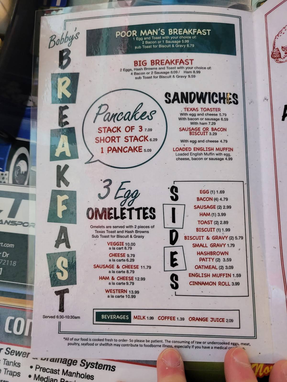 Menu at Bobby's Cafe, North Little Rock, MacArthur Dr