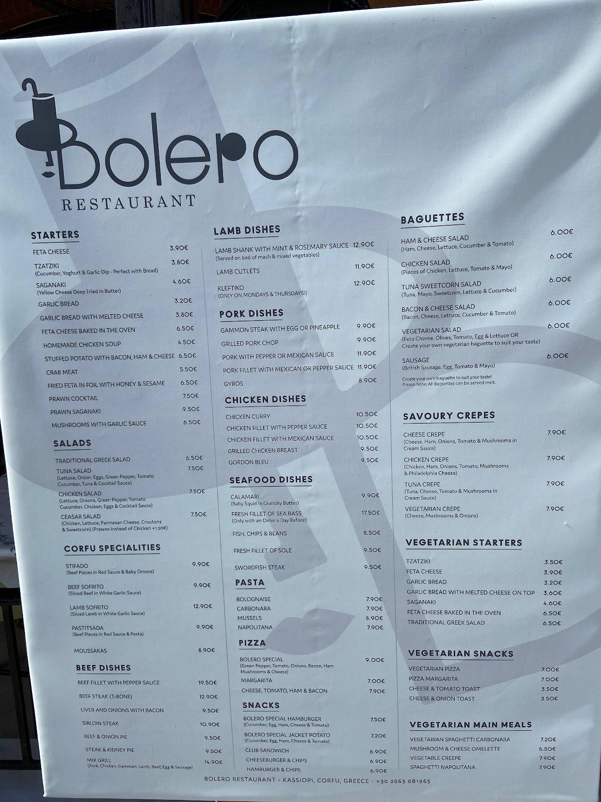 Menu at Bolero Restaurant, Kassiopi