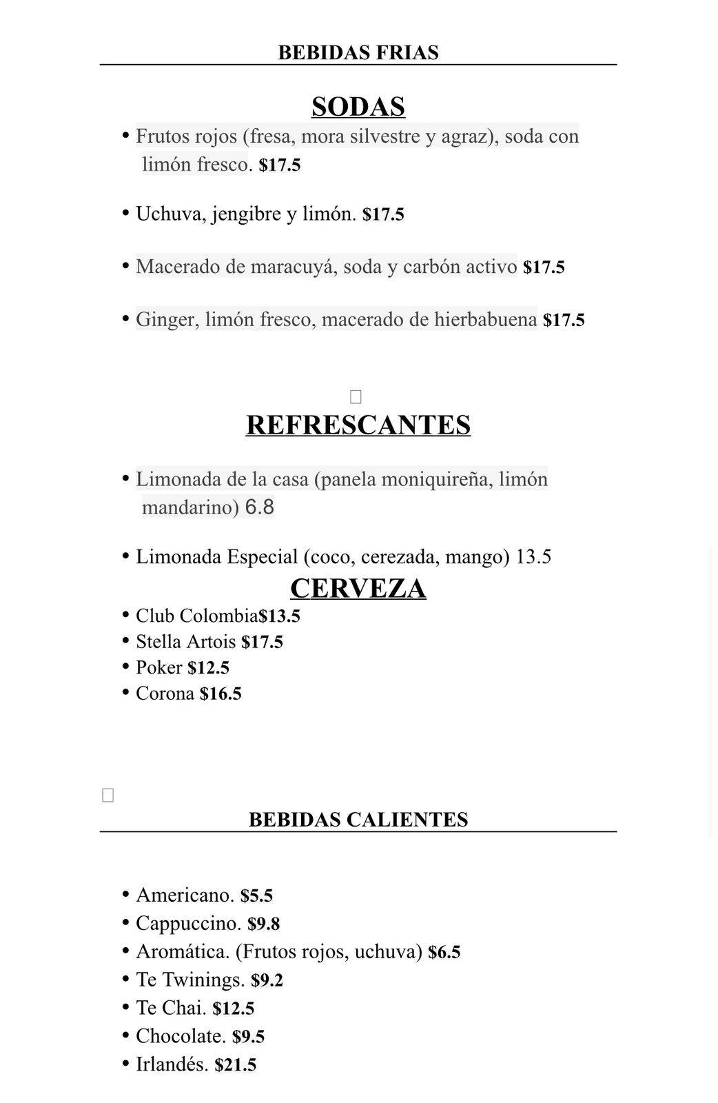Carta del restaurante Bombon Divina Cocina, Villa del Leyva