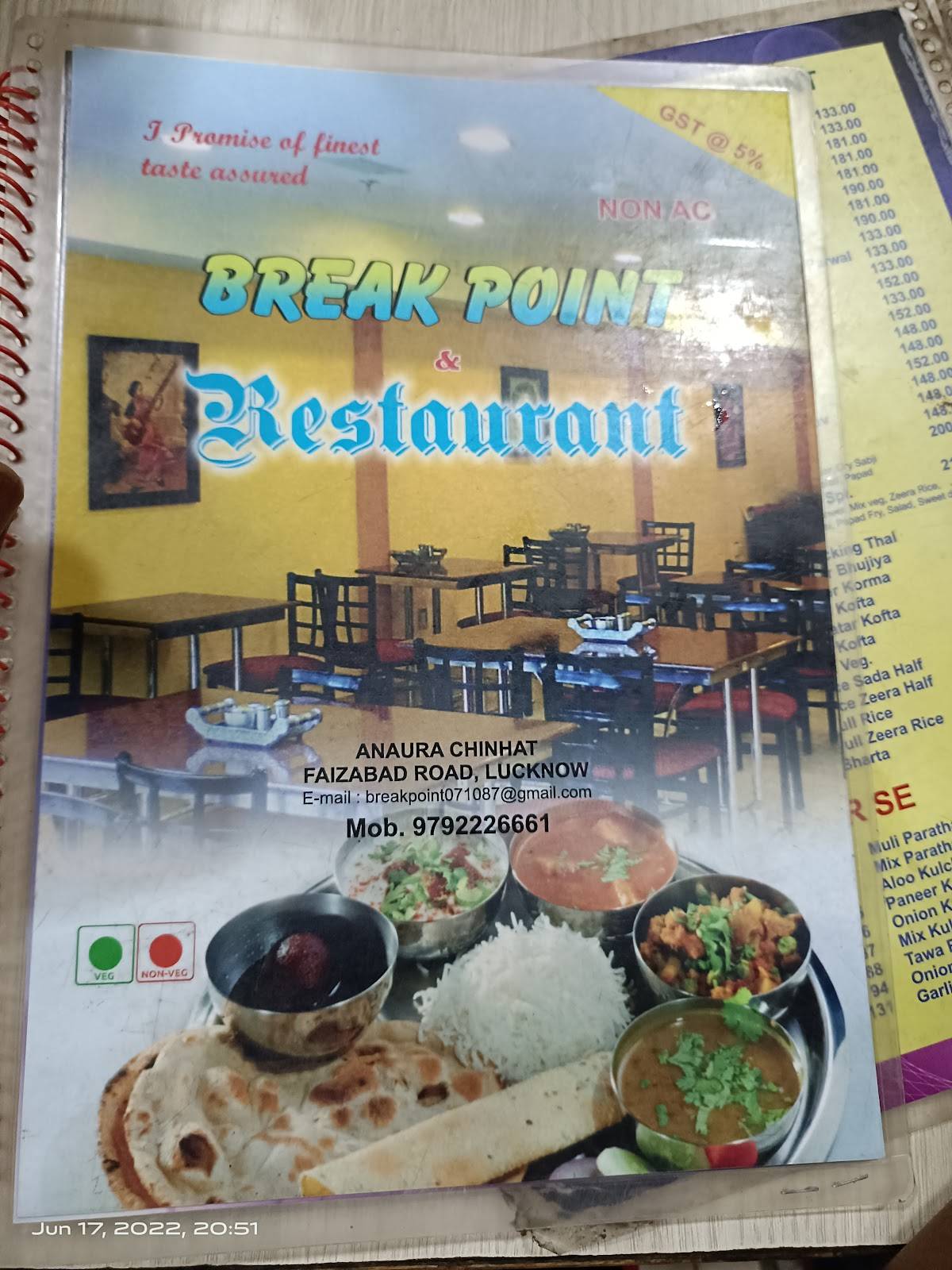 Menu at Break Point Dhaba, Lucknow, Break Point Dhaba