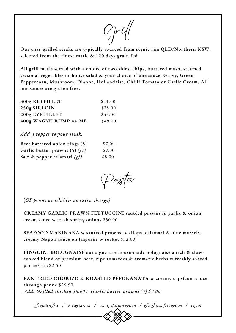Menu at Bribie Island RSL Club, Bongaree