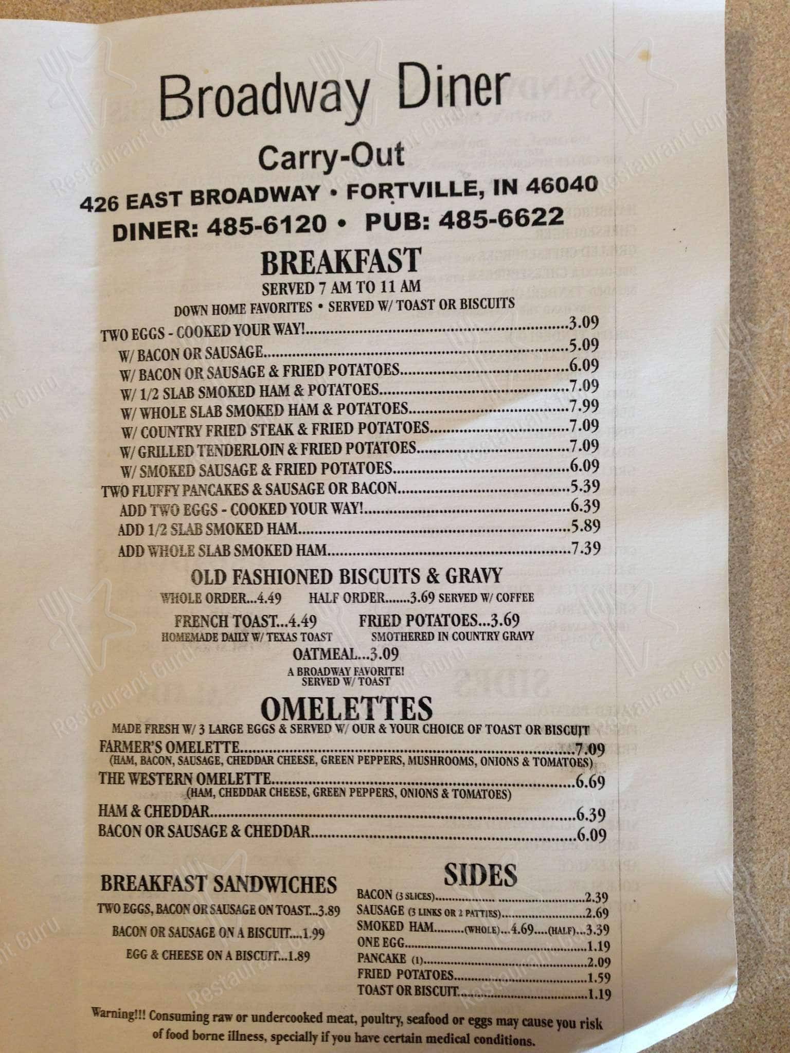 Menu at Broadway Diner restaurant, Fortville, 426 E Broadway St