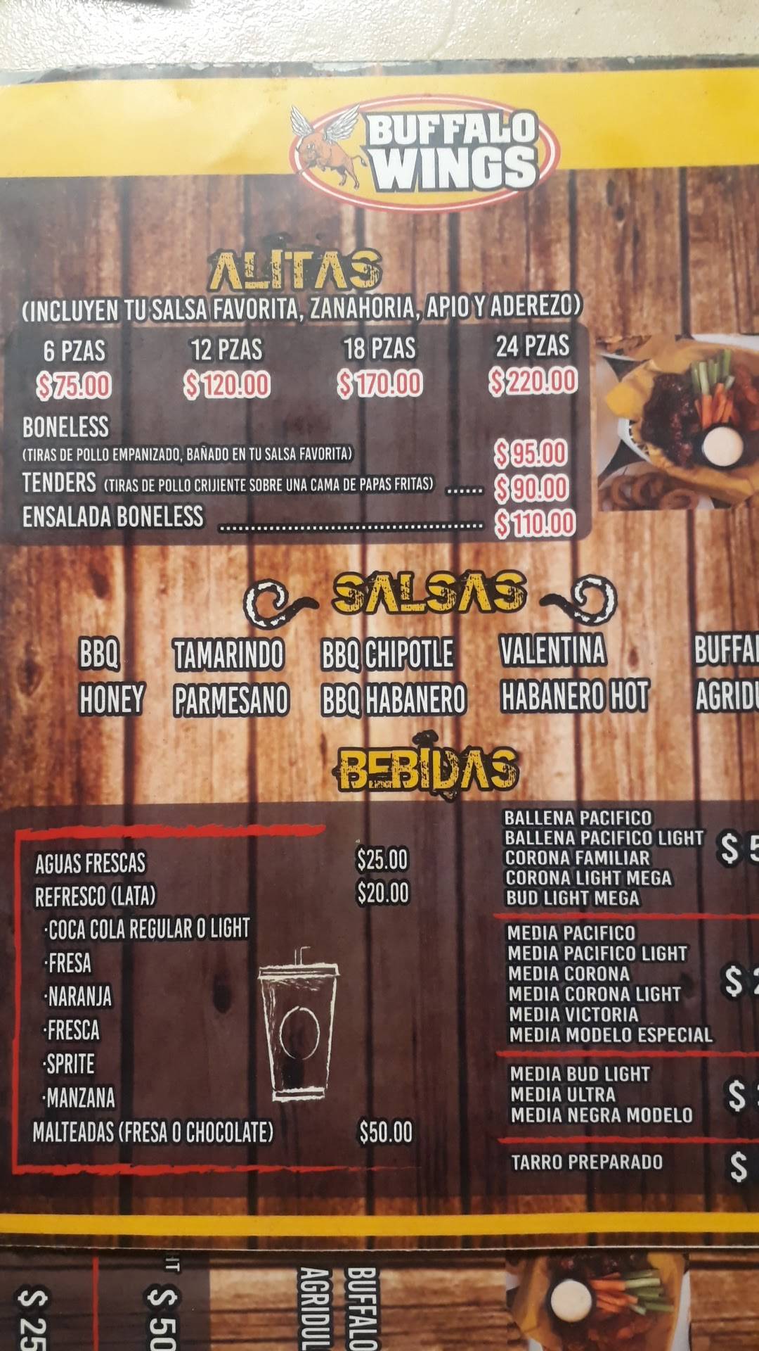 Menu at Buffalo Wings restaurant, La Paz