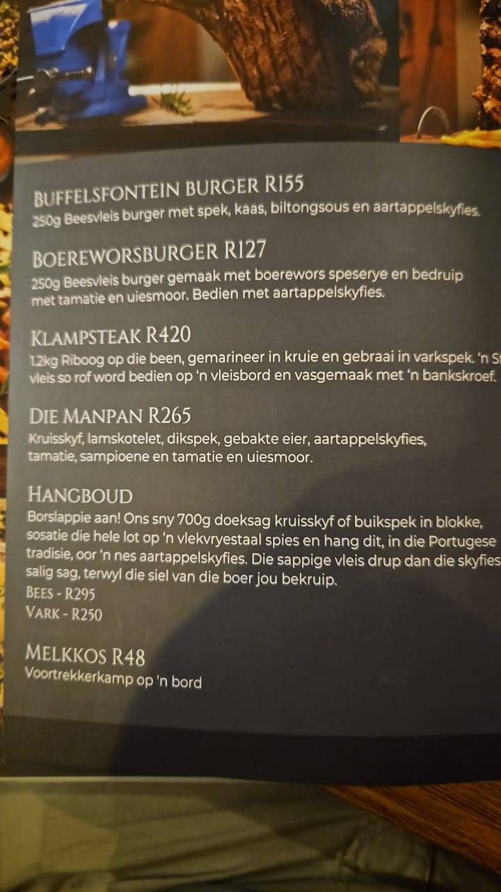 Menu at Buffelsfontein Beesboerdery restaurant, Pretoria