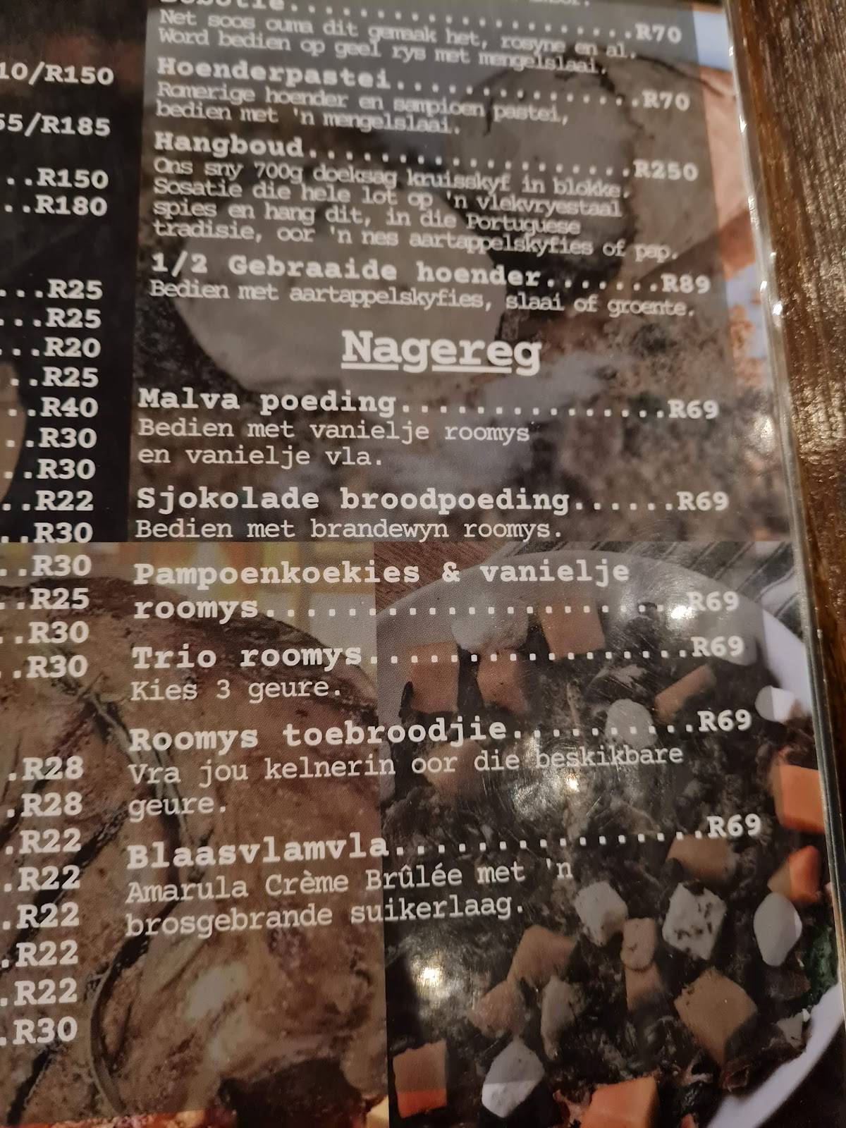 Menu at Buffelsfontein Beesboerdery restaurant, Pretoria