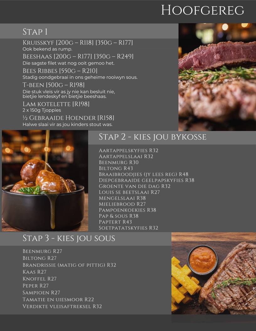 Menu at Buffelsfontein Beesboerdery restaurant, Pretoria