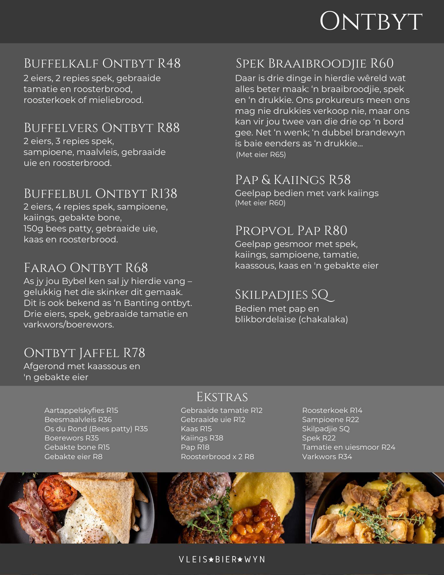 Menu at Buffelsfontein Beesboerdery restaurant, Pretoria