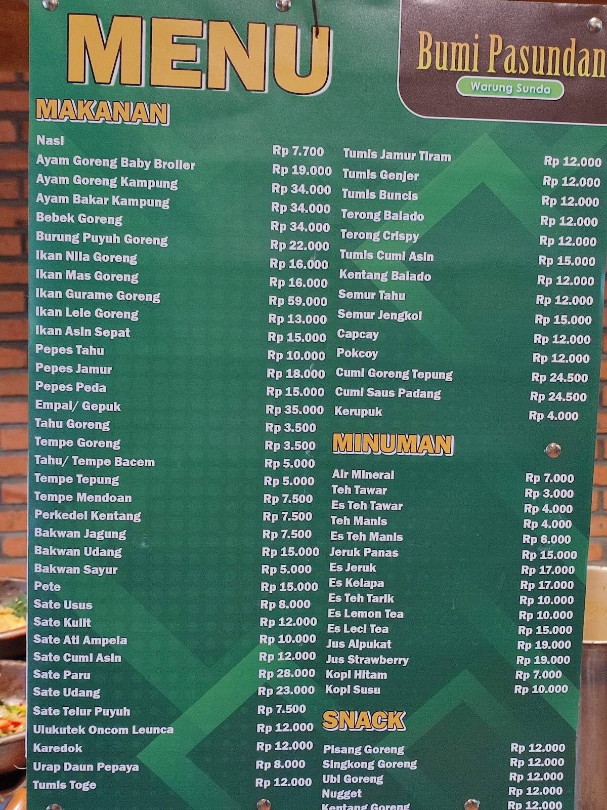 Menu at Bumi Pasundan Warung Sunda Puncak Gadog restaurant, Megamendung