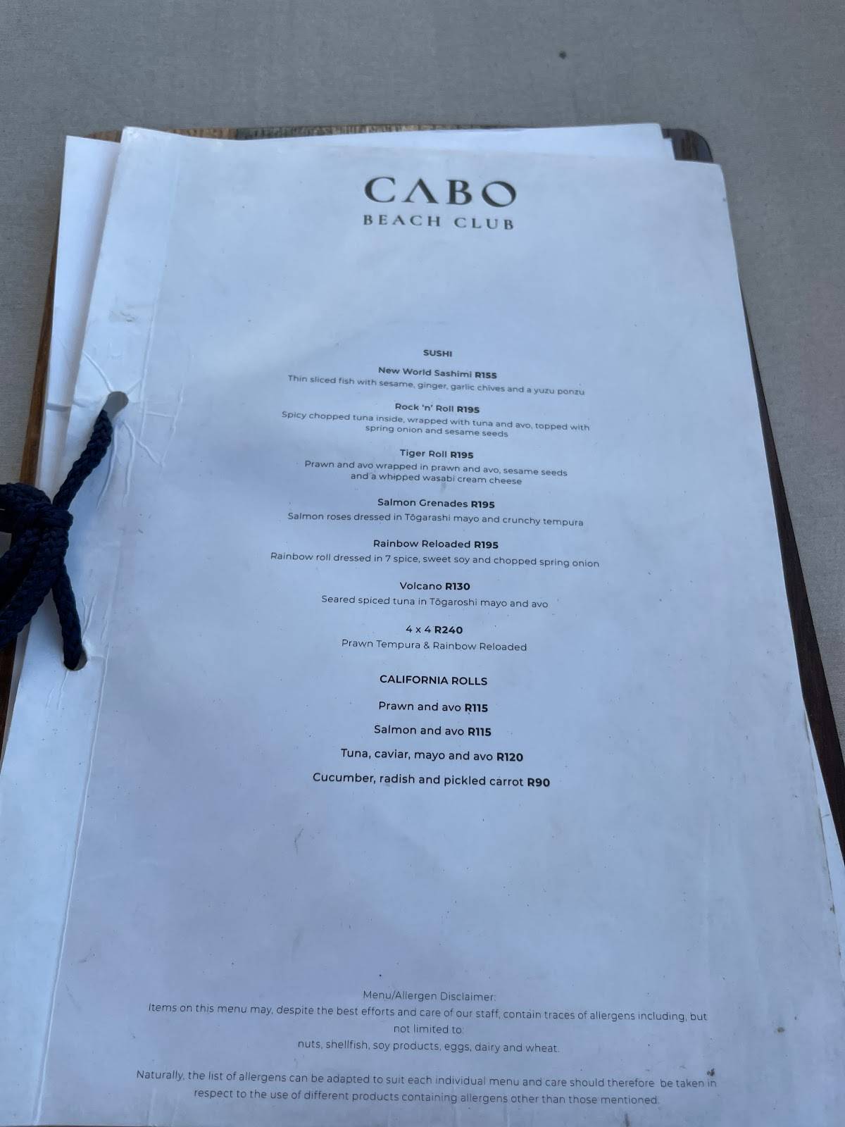 Menu at Cabo Beach restaurant, Cape Town