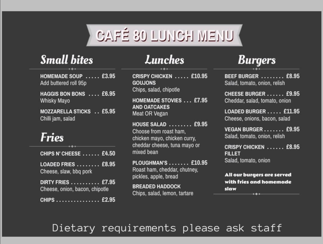 Menu at Café 80 restaurant, Perth