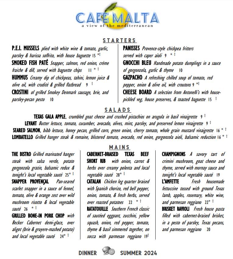 Menu at Cafe Malta, Austin