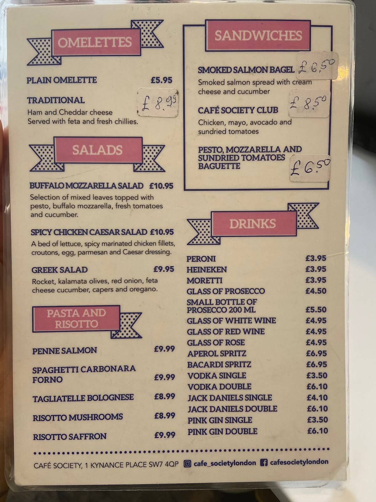 Menu at Café Society cafe, London, 1 Kynance Pl