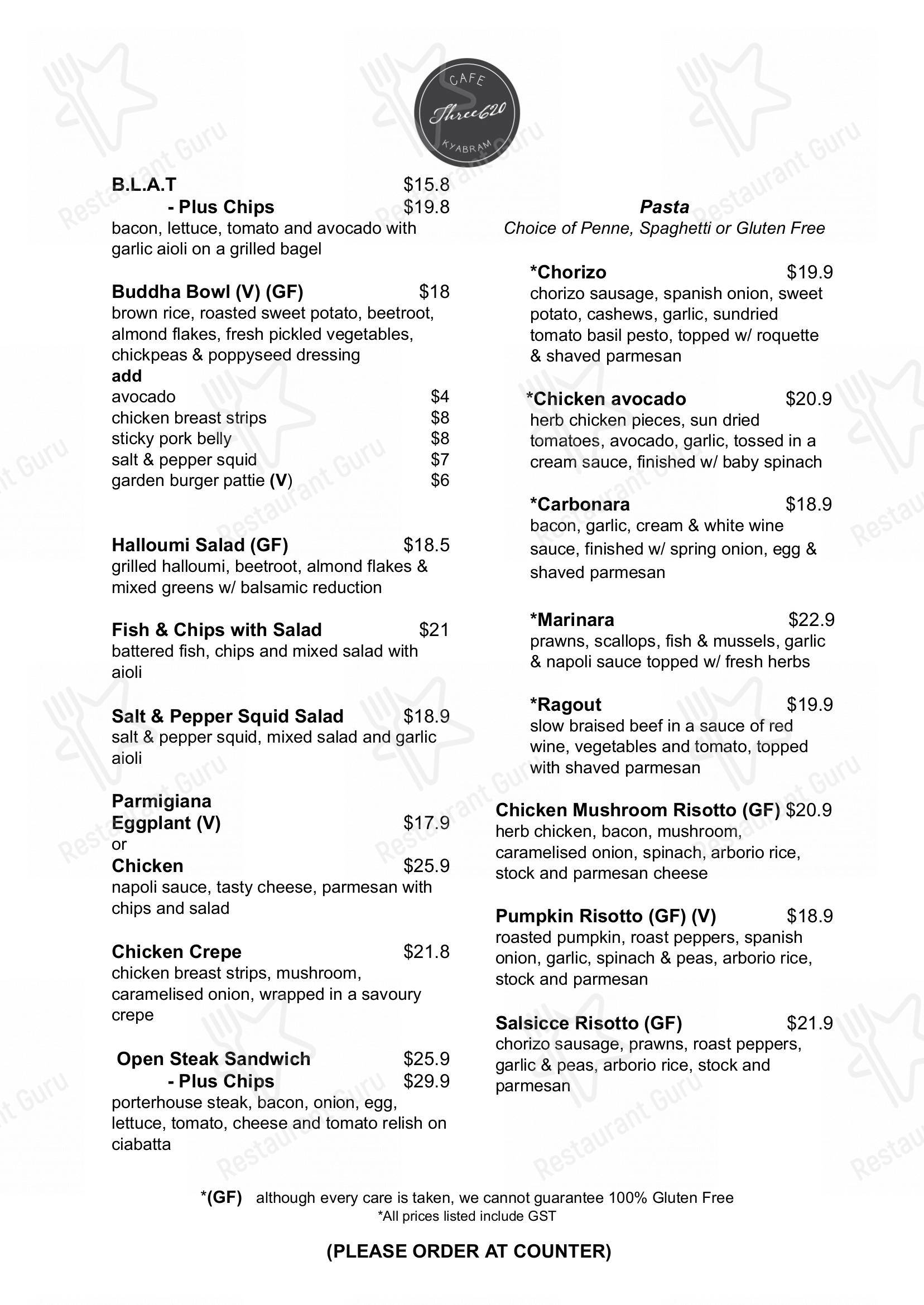 Menu at Cafe Three620, Kyabram