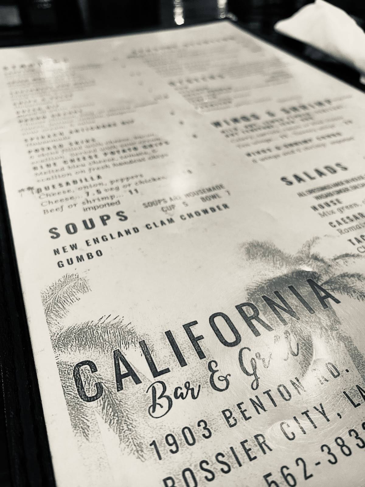 Menu at California Bar & Grill, Bossier City