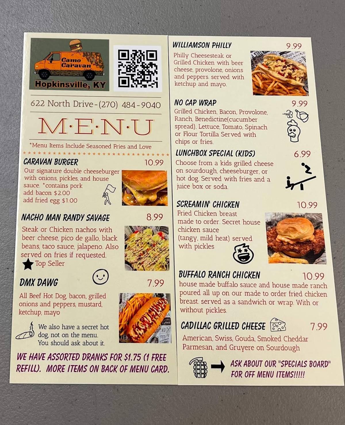 Menu at Camo Caravan restaurant, Hopkinsville
