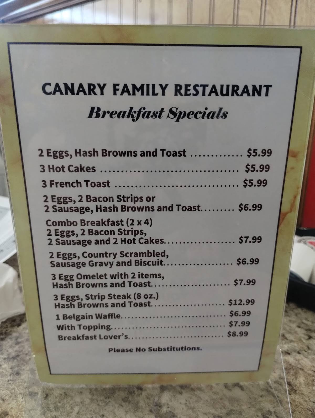 Menu at Canary's Family Restaurant, North Olmsted