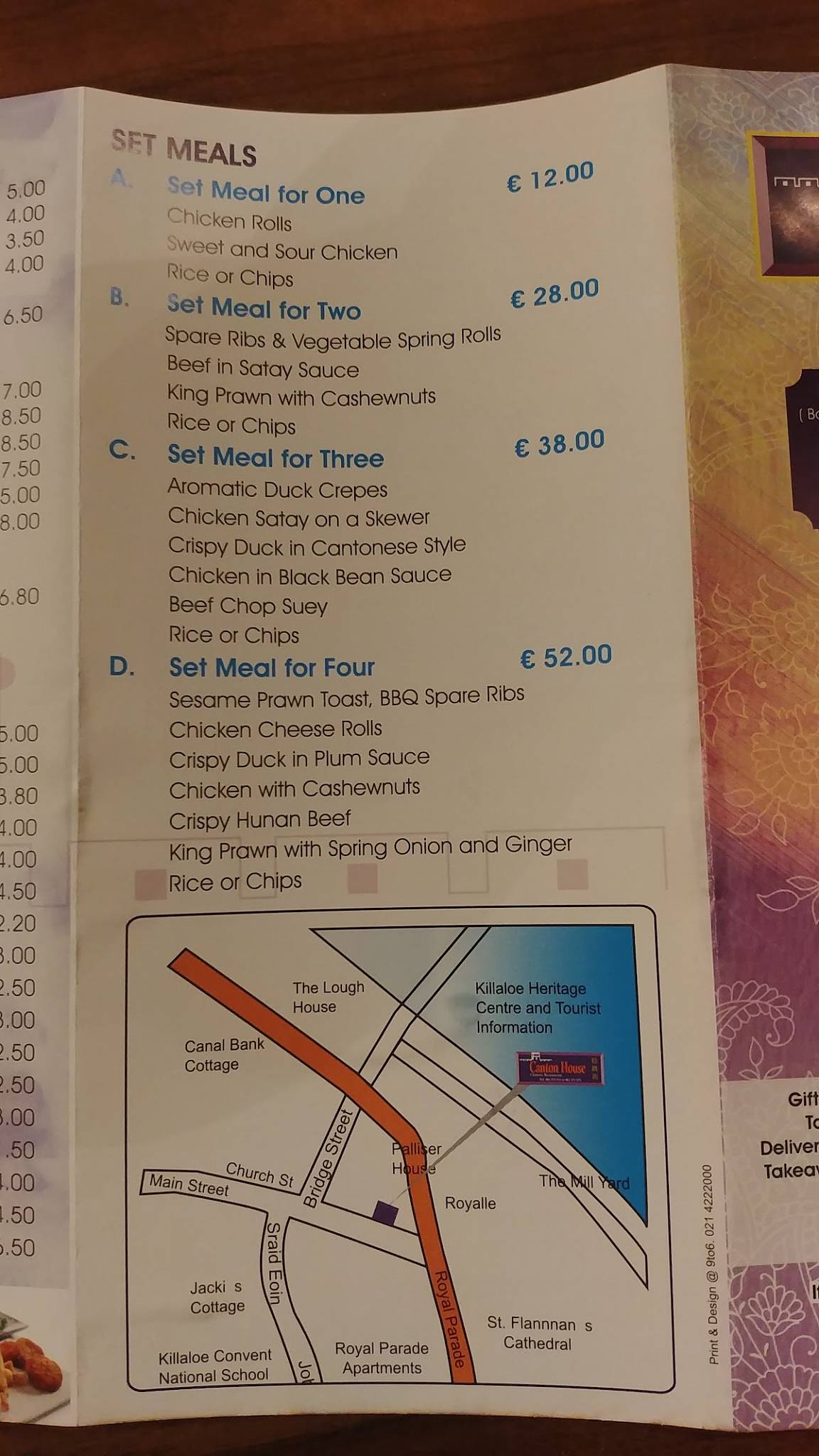 Menu at Canton House restaurant, Killaloe, Royal Parade