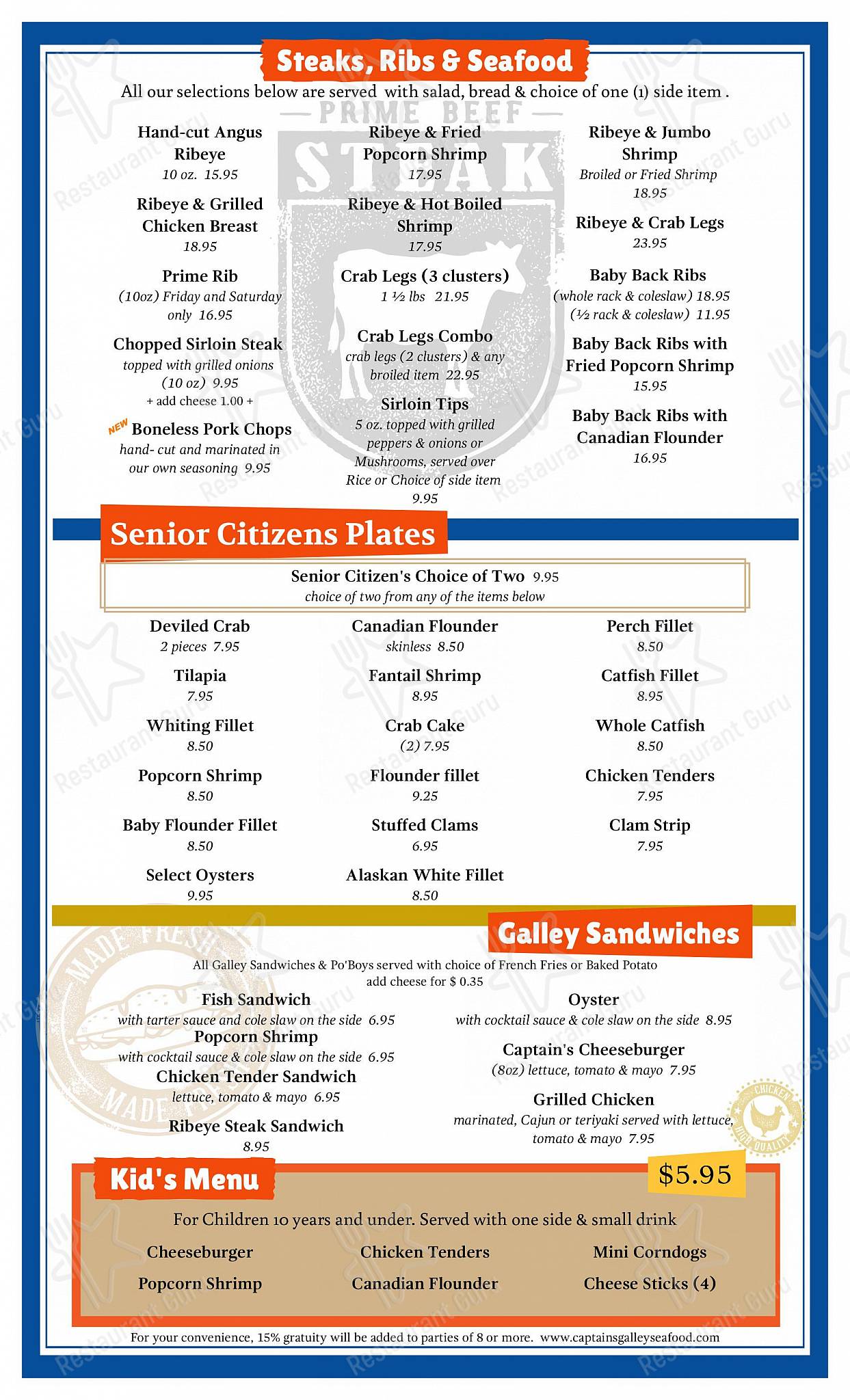 Menu at Captain's Galley Seafood restaurant, Granite Falls, Hickory Blvd