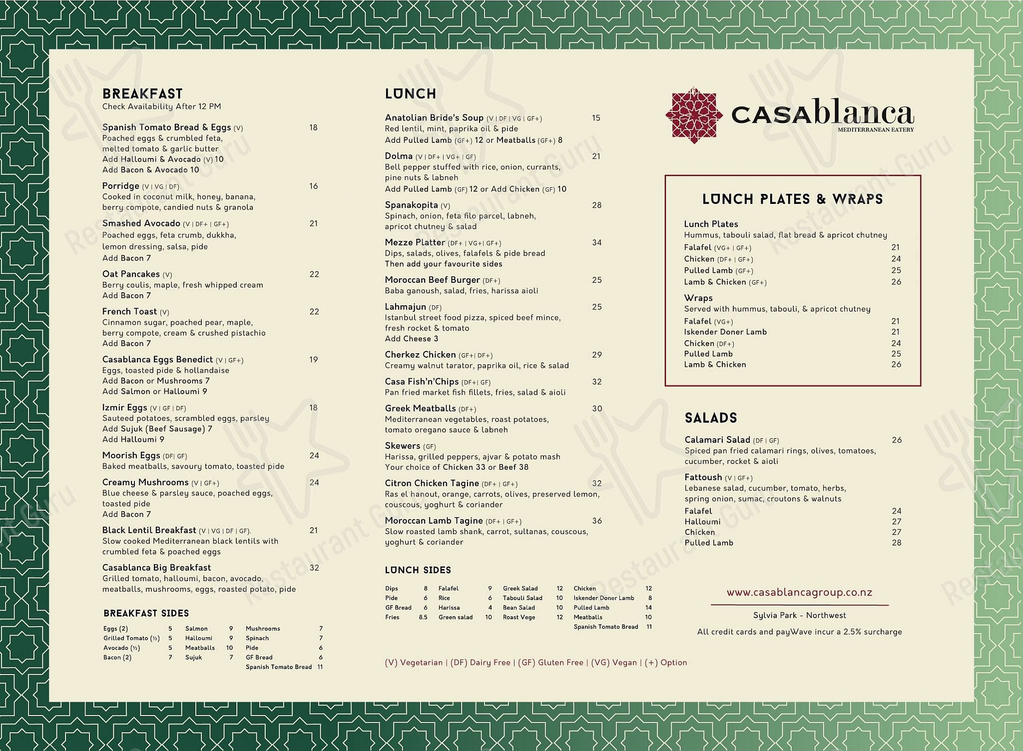 Menu at Casablanca Sylvia Park restaurant, Auckland, Sylvia Park ...