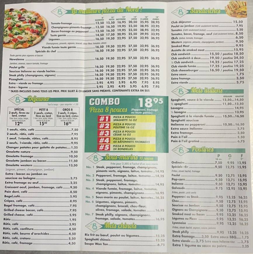 Menu au Resto Chez B restaurant, Saint-Jérôme