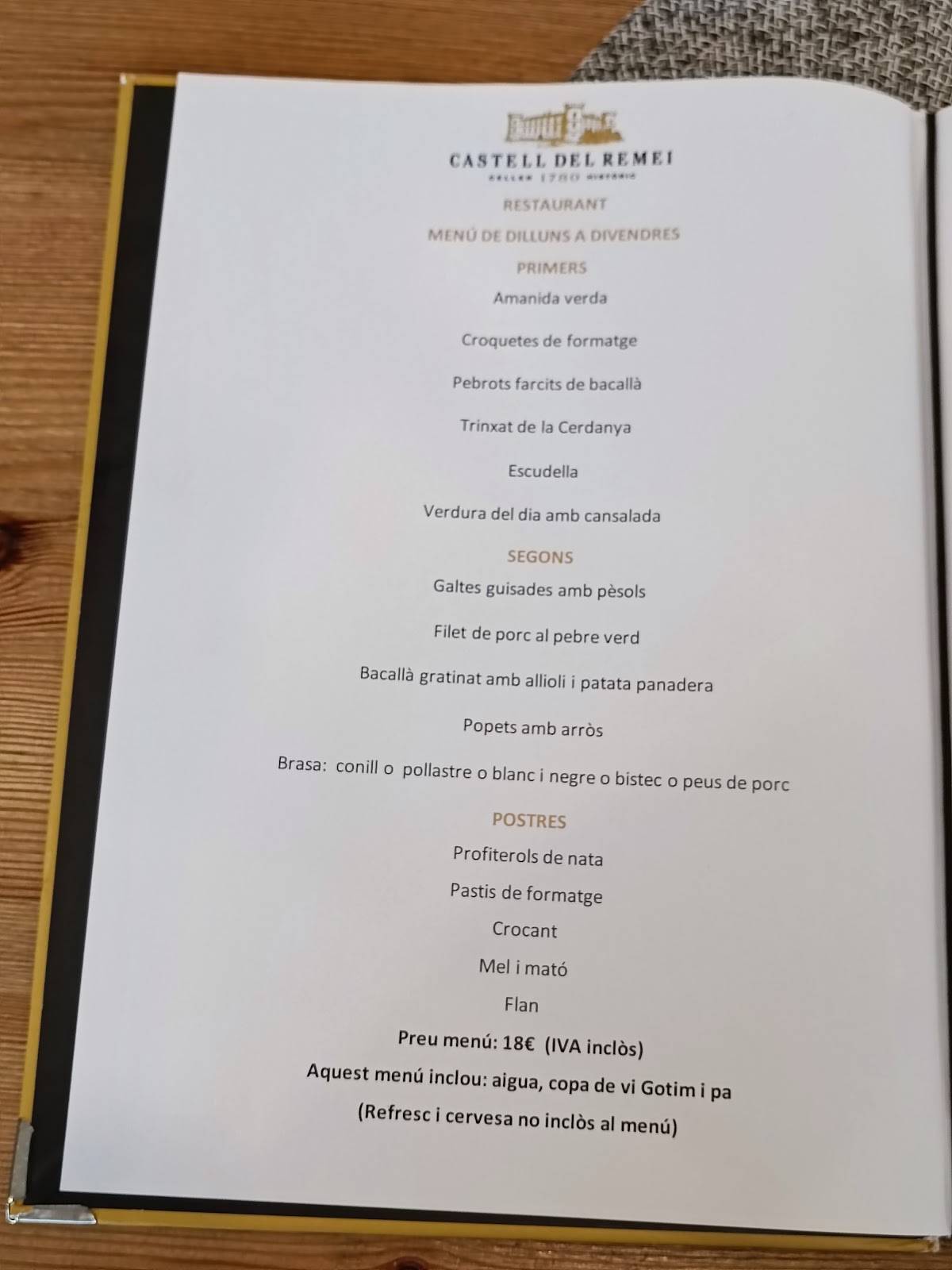 Carta de Restaurant Castell del Remei, Castillo del Remei