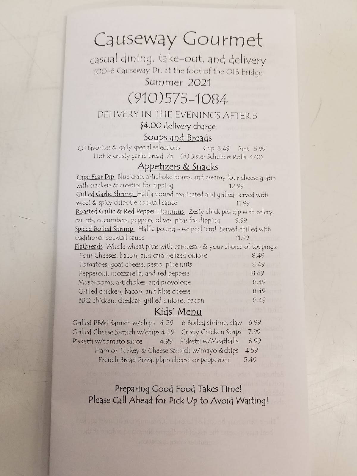 Menu at Causeway Gourmet restaurant, Ocean Isle Beach