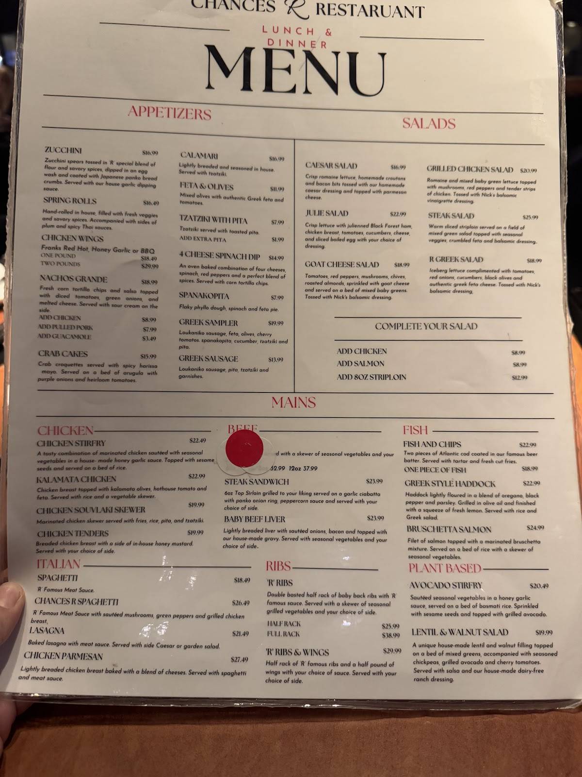 Menu at Chances R Restaurant, Ottawa Menu at Chances R Restaurant, Ottawa