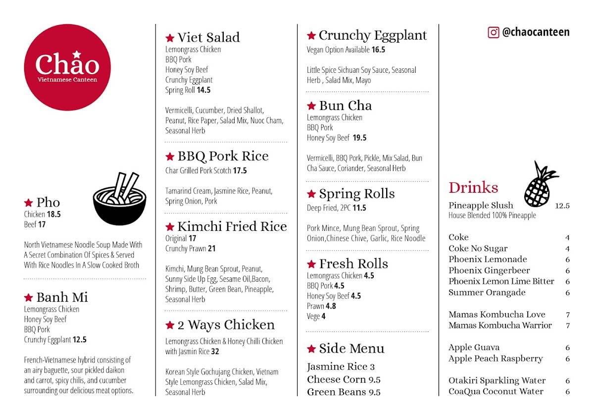 Menu at Chao Mission Bay restaurant, Auckland