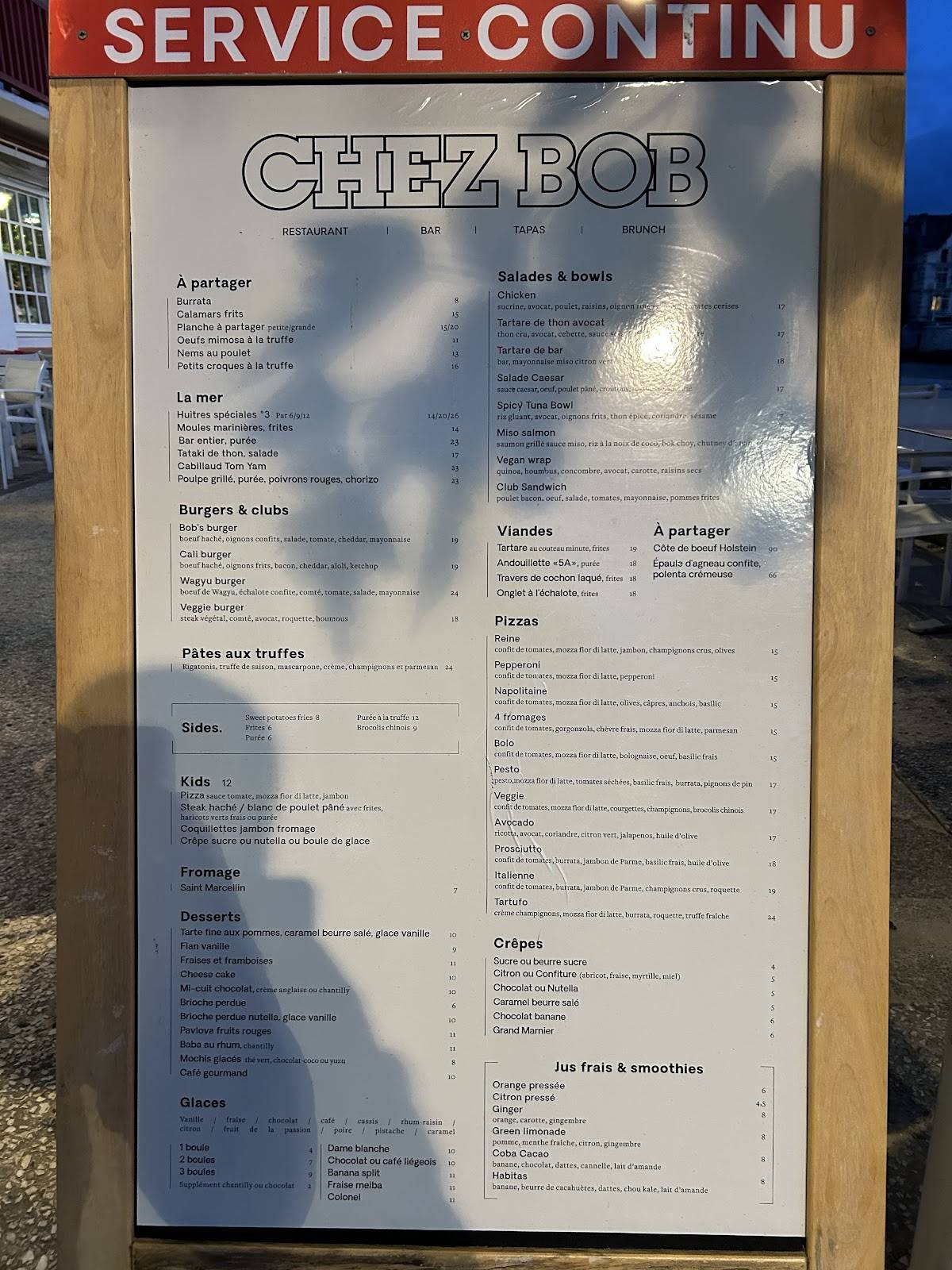 Menu au Chez Bob restaurant, Saint-Palais-sur-Mer