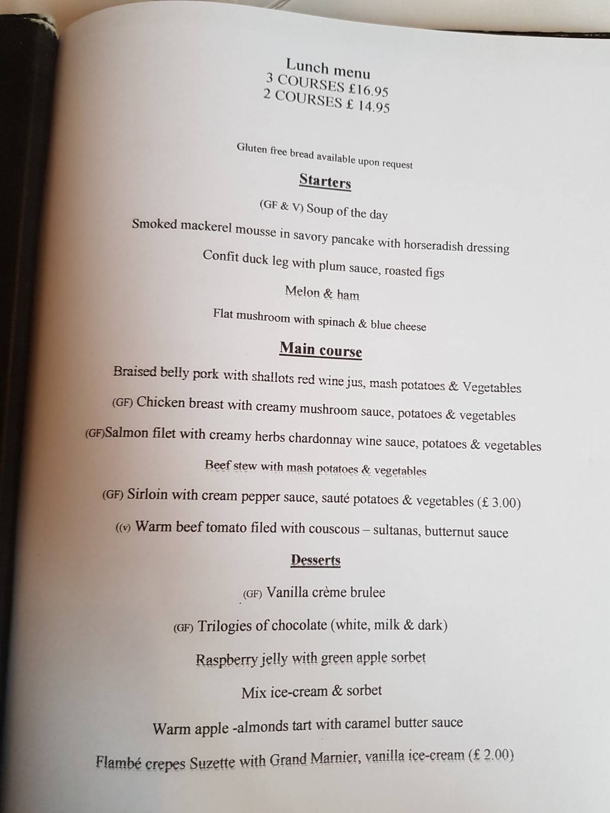 Menu at Chez Jerome restaurant, Dunstable
